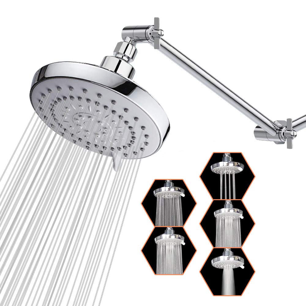 High Pressure Shower Head with 11 IN Adjustable Arm, 5-Settings Rain Shower Head, HarJue Luxury Rainfall Showerhead with Shower Arm-Make The Water Flow Down Vertically for A Better Experience(Chrome)