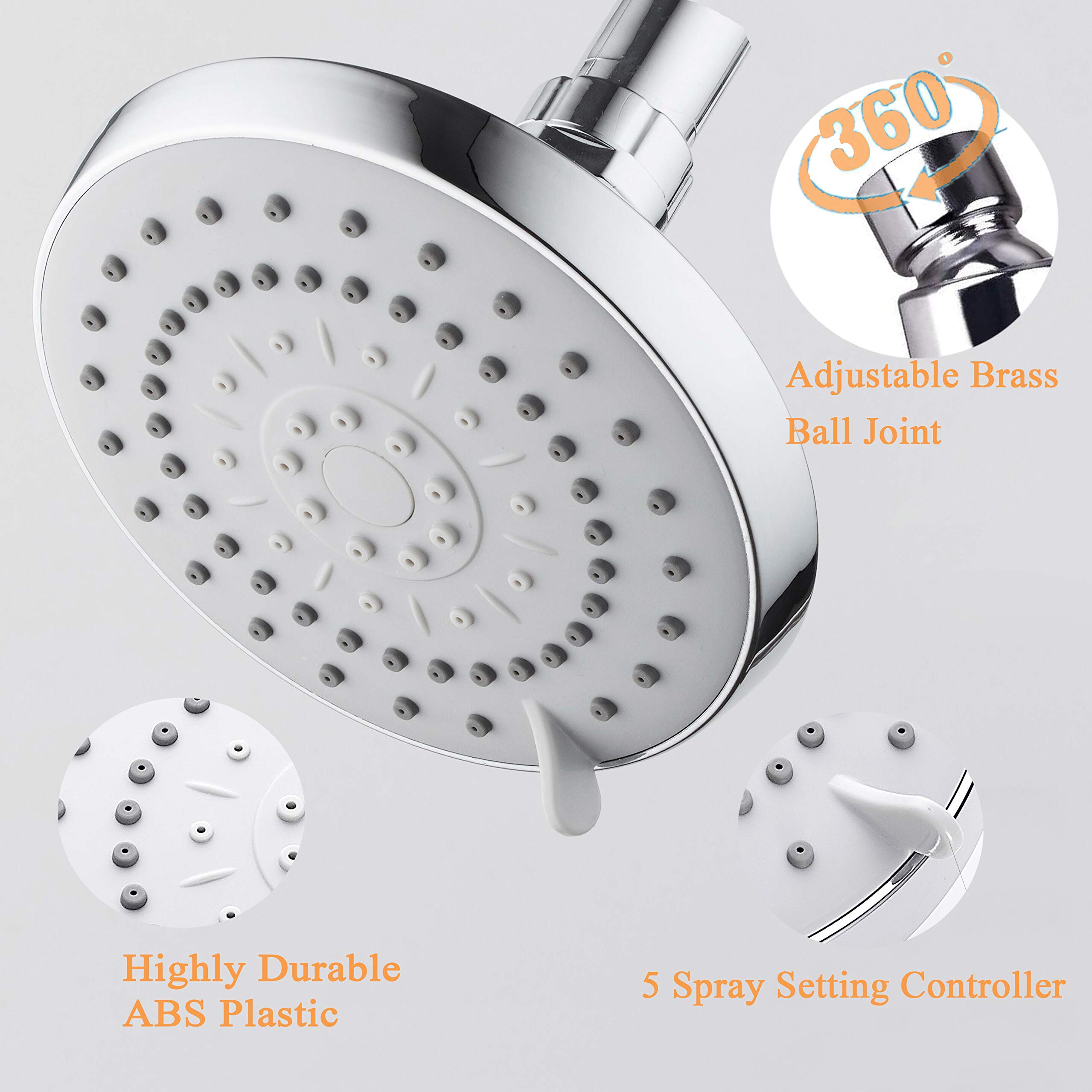 High Pressure Shower Head with 11 IN Adjustable Arm, 5-Settings Rain Shower Head, HarJue Luxury Rainfall Showerhead with Shower Arm-Make The Water Flow Down Vertically for A Better Experience(Chrome)