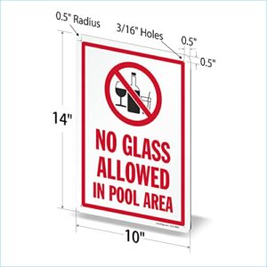 SmartSign 14 x 10 inch “No Glass Allowed In Pool Area” Metal Sign with Symbol, Screen Printed, 40 mil Laminated Rustproof Aluminum, Red, Black and White