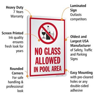 SmartSign 14 x 10 inch “No Glass Allowed In Pool Area” Metal Sign with Symbol, Screen Printed, 40 mil Laminated Rustproof Aluminum, Red, Black and White