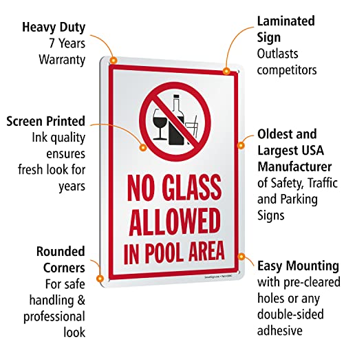 SmartSign 14 x 10 inch “No Glass Allowed In Pool Area” Metal Sign with Symbol, Screen Printed, 40 mil Laminated Rustproof Aluminum, Red, Black and White