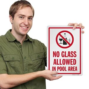 SmartSign 14 x 10 inch “No Glass Allowed In Pool Area” Metal Sign with Symbol, Screen Printed, 40 mil Laminated Rustproof Aluminum, Red, Black and White