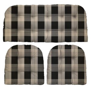 rsh décor indoor outdoor 3 piece tufted wicker cushion set 1 loveseat & 2 u-shape ~ choose color & size (branson pewter grey beige black big buffalo plaid, ls 41"x19" us 19"x19")