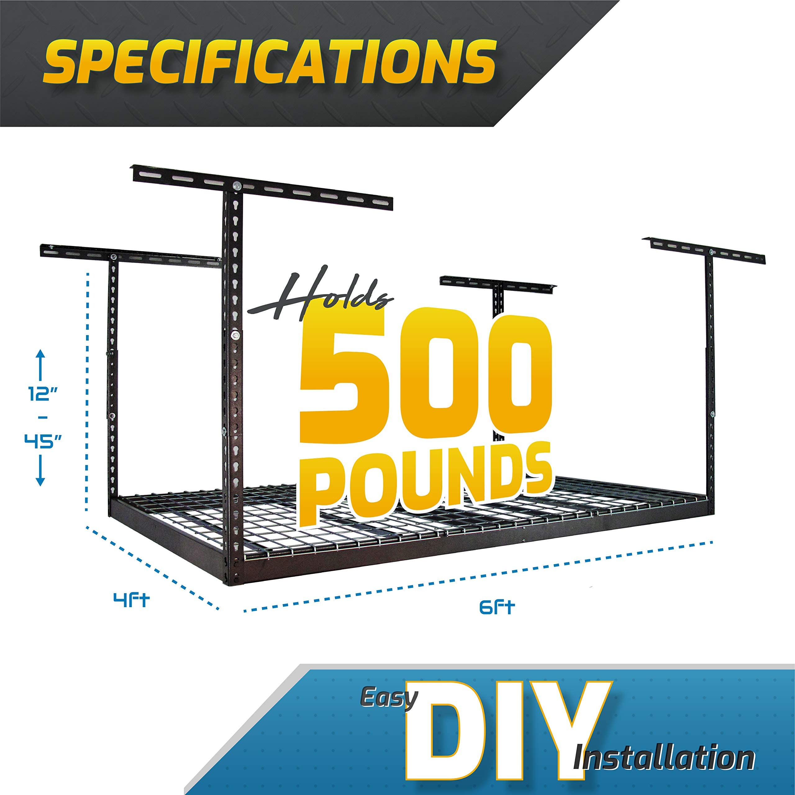 SafeRacks 3x8 Overhead Garage Storage Rack - 500 Pound Weight Capacity Height Adjustable Steel Ceiling-Mounted Rack with Accessories (Hammertone) (24"-45")