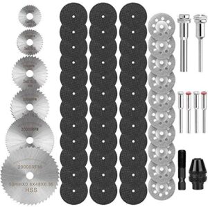 60-pack rotary cutting wheels tool kit - 545 diamond cutting wheel, mini hss circular saw blades, resin cut-off wheels with keyless chuck and mandrels for woodworking metal glass plastic stone