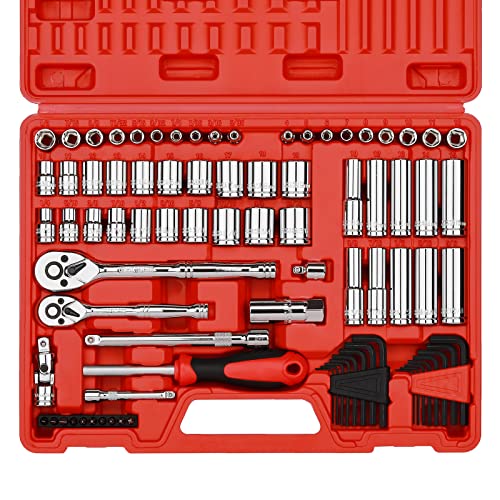 CASOMAN 1/4-Inch & 3/8-Inch Drive SAE and Metric Socket Set Standard and Deep Sizes with Ratchet Extension Bars and Universal Joint 83-Pieces 1/4" Drive and 3/8" Dr. Socket Super Set