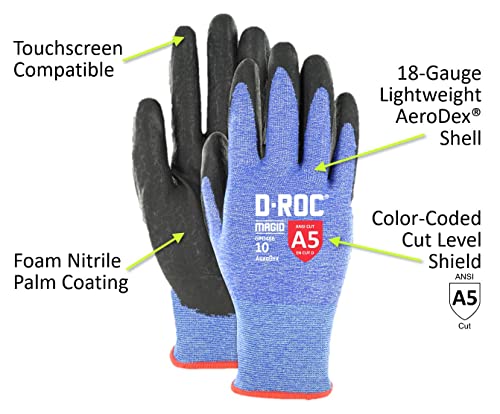 MAGID ANSI A5 D-ROC AeroDex 18-Gauge Work Gloves, 12 Pairs, Foam Nitrile Coated, Size 9/Large, Blue