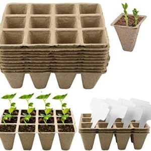 2BFFS.COM Seedling Tray- Germination Kit-Organic Biodegradable Pea Pots Starter Kit, 10PK Peat Pots Seed Starter Trays, 120 Cells. Organic Plant Starter Kit with 12 Plant Labels