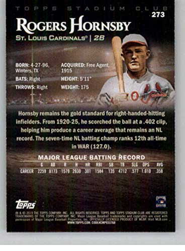 2019 Stadium Club Baseball #273 Rogers Hornsby St. Louis Cardinals Official MLB Trading Card From Topps