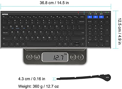 Arteck HB193 Universal Bluetooth Keyboard Multi-Device Stainless Steel Full Size Wireless Keyboard for Windows, iOS, Android, Computer Desktop Laptop Surface Tablet Smartphone Rechargeable Battery