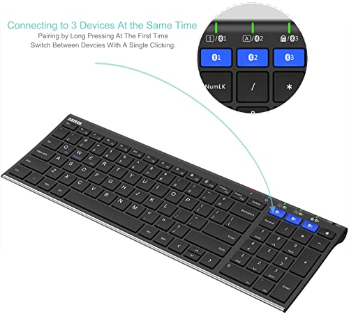 Arteck HB193 Universal Bluetooth Keyboard Multi-Device Stainless Steel Full Size Wireless Keyboard for Windows, iOS, Android, Computer Desktop Laptop Surface Tablet Smartphone Rechargeable Battery