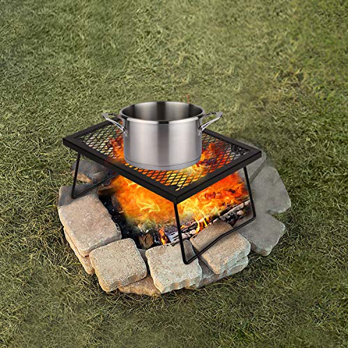 CAMPMAX Folding Campfire Grill Grate, Portable Heavy Duty Steel Over Fire Camp Grill for Outdoor Camping Cooking Fire Pit, Black