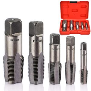 5 piece npt thread forming taps, pipe taps set, high-speed steel drill bits for cleaning or re-thread damaged or jam pipe threads, size 1/8", 1/4", 3/8", 1/2", 3/4" in storage box