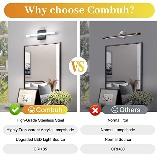 Combuh LED Bathroom Vanity Light Bar 16 Inch 9W Black IP44 Over Mirror Lighting Fixture Wall Sconce Indoor Modern Cool White 6000K