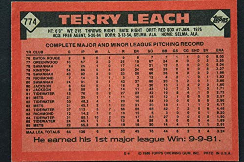 Terry Leach New York Mets Autographed 1986 Topps #774 Signed Card