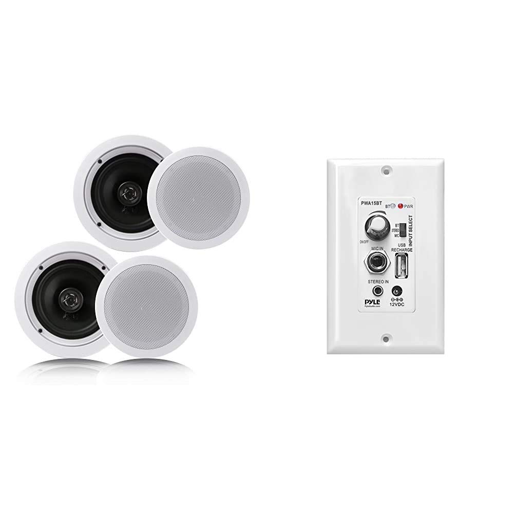 Pyle 6.5 inch 2 Way Home Speaker System w/ 200 Watts Spring Loaded Quick Connections, Bluetooth Receiver Wall Mount, Built in Amplifier, USB, Microphone, 3.5mm Input Aux, Flush Mount in Wall/Ceiling