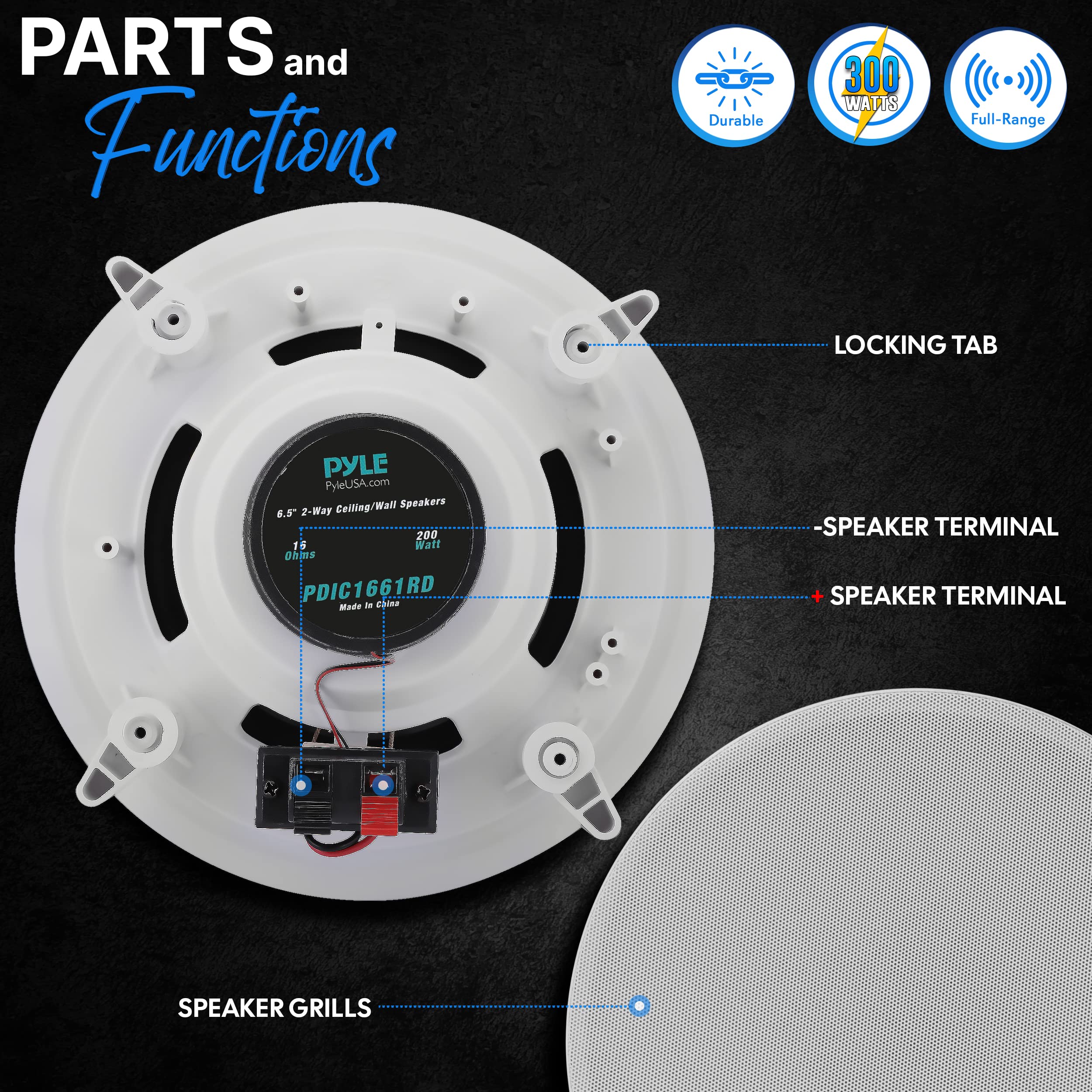 Pyle 6.5 inch 2 Way Home Speaker System w/ 200 Watts Spring Loaded Quick Connections, Bluetooth Receiver Wall Mount, Built in Amplifier, USB, Microphone, 3.5mm Input Aux, Flush Mount in Wall/Ceiling