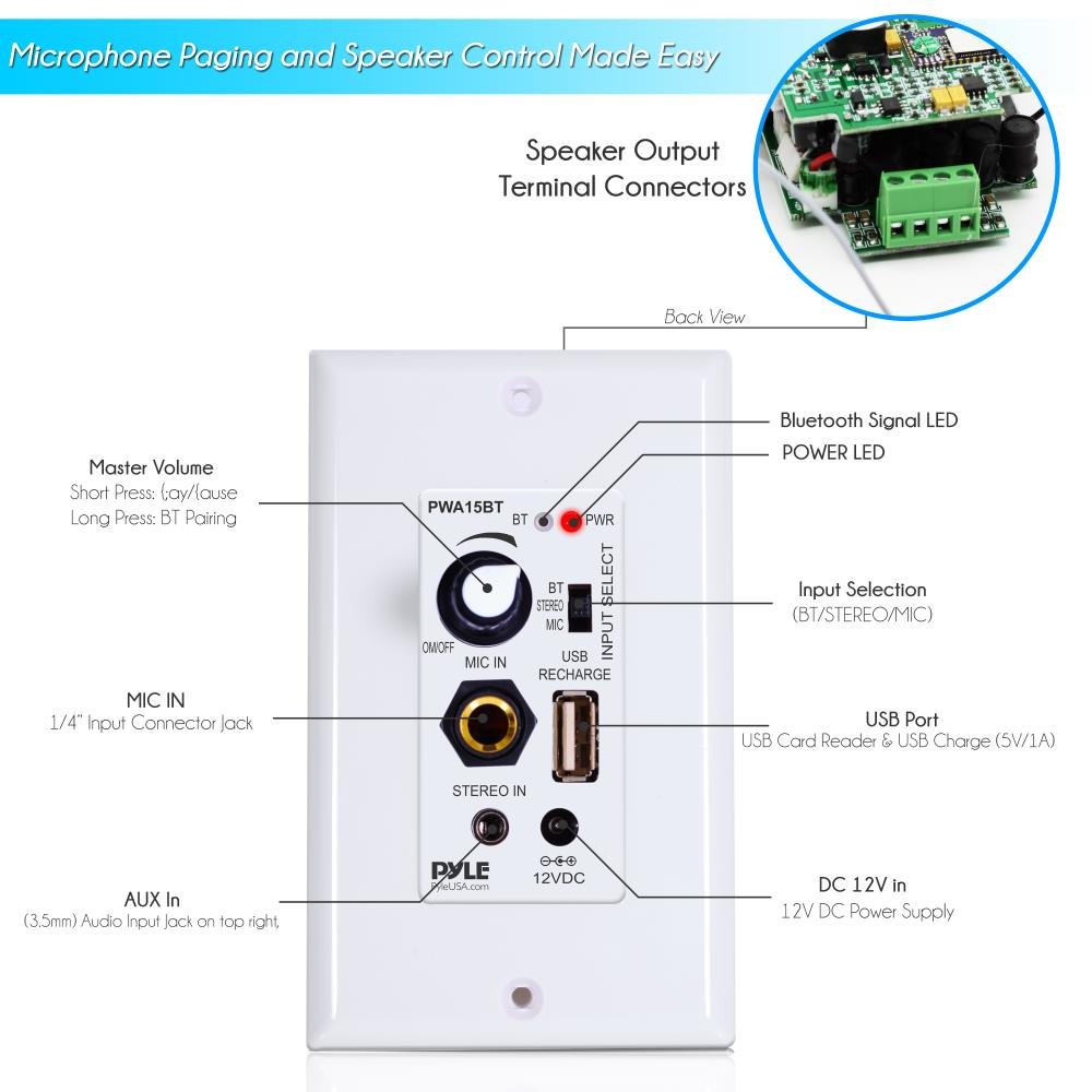 Pyle 6.5 inch 2 Way Home Speaker System w/ 200 Watts Spring Loaded Quick Connections, Bluetooth Receiver Wall Mount, Built in Amplifier, USB, Microphone, 3.5mm Input Aux, Flush Mount in Wall/Ceiling