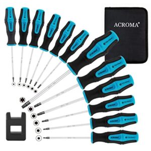 acroma 12-piece magnetic torx screwdriver set, cr-v forged din standard blade with heavy duty non-slip grip, 400d hardcover nylon tool bag and a demagnetizer as bonus, w20012