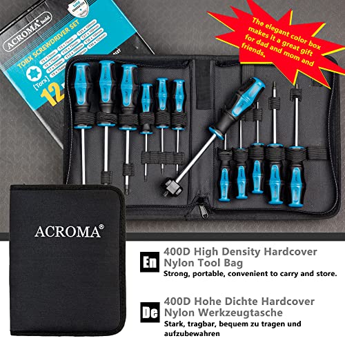 Acroma 12-Piece Magnetic Torx Screwdriver Set, Cr-V Forged DIN Standard Blade with Heavy Duty Non-Slip Grip, 400D Hardcover Nylon Tool Bag and a Demagnetizer as Bonus, W20012