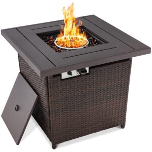 best choice products 28in gas fire pit table, 50,000 btu outdoor wicker patio propane firepit w/faux wood tabletop, clear glass rocks, cover, hideaway tank holder, lid - brown