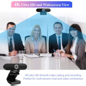 HZQDLN 4K Webcam with Microphone, 8MP Laptop PC Desktop Computer Web Camera, USB Webcams for Video Calling Recording Streaming Video Conference, Webcam with Tripod，Privacy Shutter