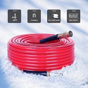 Hromee 1/4-Inch x 100 Feet Polyurethane Air Hose with Bend Restrictors PU Compressor Hose with 1/4" Industrial Quick Coupler and Plug Kit, Red