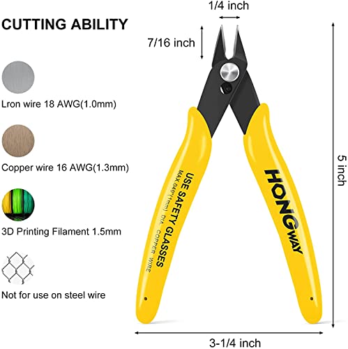 HongWay 5pcs Micro Flush Cutters, Wire Cutter with Internal Spring, Diagonal Cutters for Electronics, Heating Wire, Model Sprue, Soft Copper Wire Snips, 5 inches, Yellow