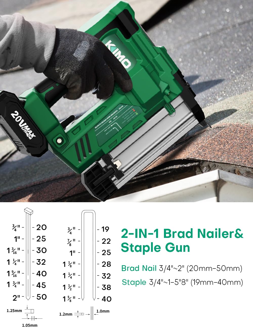 KIMO 18 Gauge Nail Gun Battery Powered w/ 2 X 2.0 Battery & Charger, 2 in 1 Cordless Brad Nailer/Electric Stapler, Adjustable Depth, 18GA Staples for Upholstery, Home Improvement & Woodworking