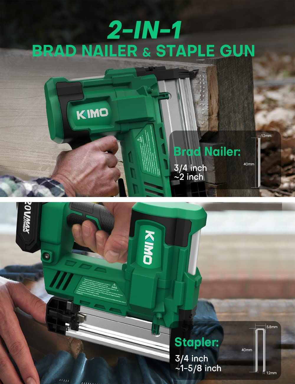 KIMO 18 Gauge Nail Gun Battery Powered w/ 2 X 2.0 Battery & Charger, 2 in 1 Cordless Brad Nailer/Electric Stapler, Adjustable Depth, 18GA Staples for Upholstery, Home Improvement & Woodworking