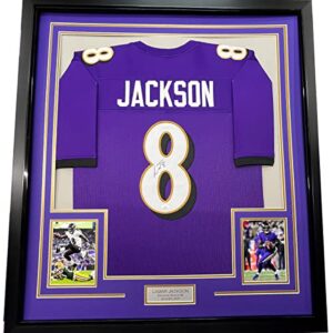 framed autographed/signed lamar jackson 33x42 baltimore purple football jersey jsa coa