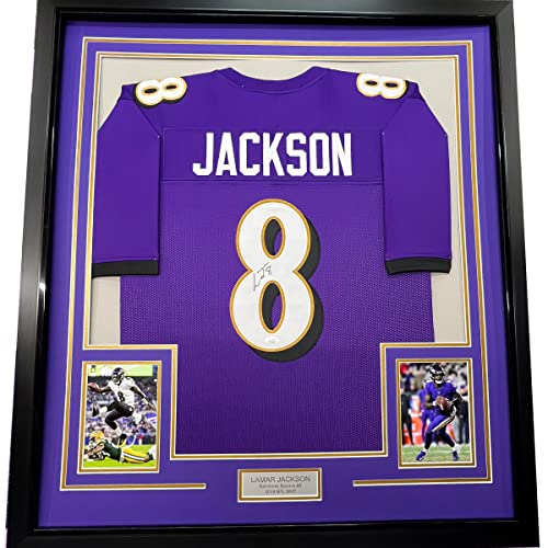 Framed Autographed/Signed Lamar Jackson 33x42 Baltimore Purple Football Jersey JSA COA