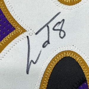 Framed Autographed/Signed Lamar Jackson 33x42 Baltimore Purple Football Jersey JSA COA