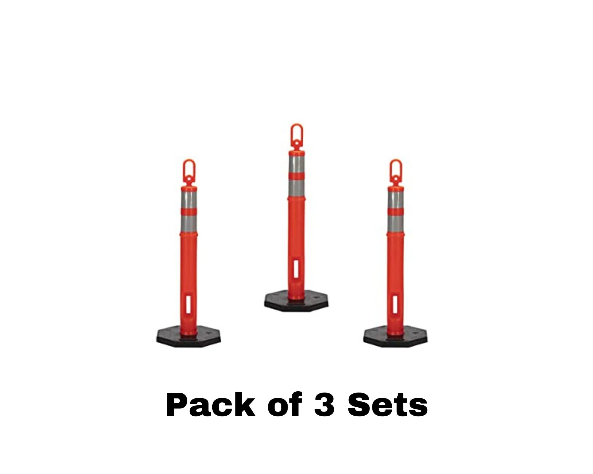 CJ Safety (Pack of 3 Sets) 45" Orange Delineator Post Cone with 10 lbs. Rubber Base, 2 Reflective Bands (Set of 3 (Post & Base))