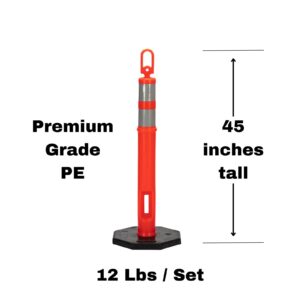 CJ Safety (Pack of 3 Sets) 45" Orange Delineator Post Cone with 10 lbs. Rubber Base, 2 Reflective Bands (Set of 3 (Post & Base))