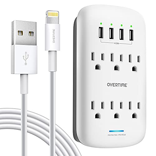 USB Wall Charger with Apple MFi Certified 4ft Lightning Cable, Surge Protector Outlet Socket Extender Shelf 6 Outlet 4 USB Ports Charging Station for iPhone, iPad, Home, School, Office, ETL Certified