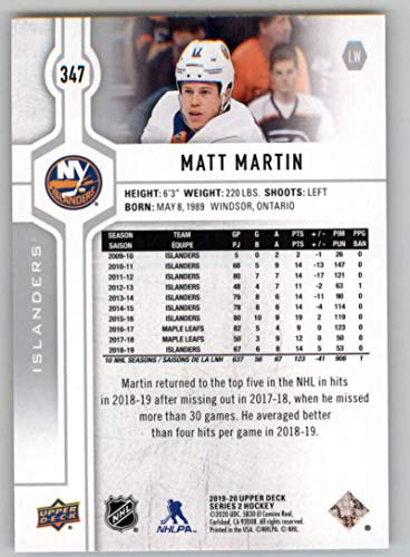 2019-20 Upper Deck #347 Matt Martin New York Islanders Series 2 NHL Hockey Trading Card