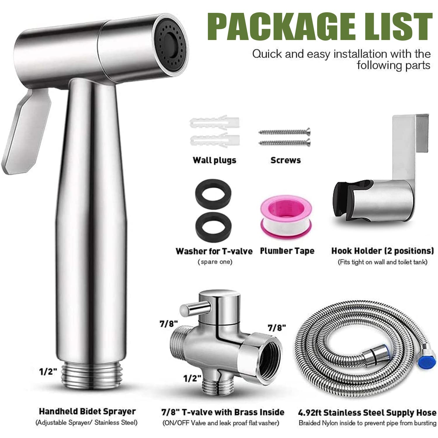 Handheld Bidet Sprayer for Toilet, Stainless Steel Bathroom Personal Hygiene Bidet Sprayer Set, Baby Cloth Diaper Sprayer with Adjustable Water Pressure Control, Perfect for Whole Family Cleaning Use