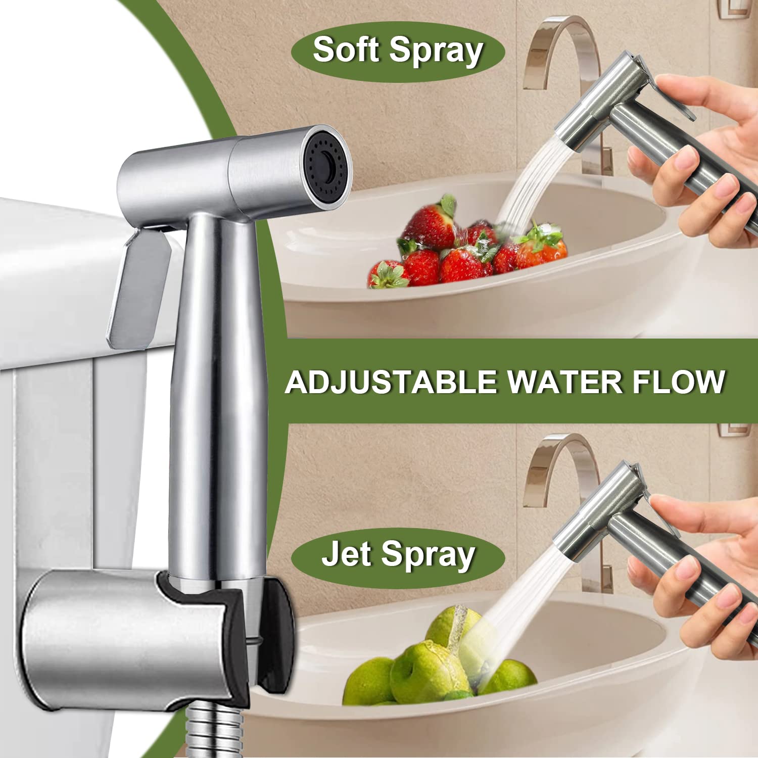 Handheld Bidet Sprayer for Toilet, Stainless Steel Bathroom Personal Hygiene Bidet Sprayer Set, Baby Cloth Diaper Sprayer with Adjustable Water Pressure Control, Perfect for Whole Family Cleaning Use