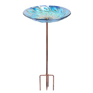 mumtop glass bird bath, garden outdoor birdbaths birdfeeder with metal stake peacock