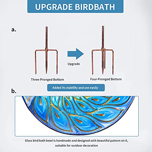 MUMTOP Glass Bird Bath, Garden Outdoor Birdbaths Birdfeeder with Metal Stake Peacock