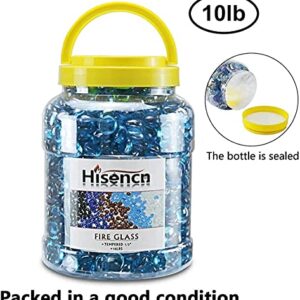 Hisencn Caribbean Blue Fire Glass Rocks for Fire Pit, 1/2 Inch Fire Glass Beads for Propane Gas Fireplace or Natural, Outdoor and Indoor Azure Blue Reflective Decorative Firepit Glass, 10 Pounds