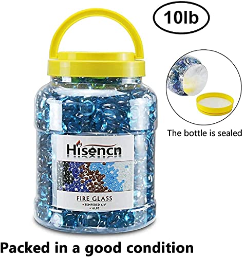 Hisencn Caribbean Blue Fire Glass Rocks for Fire Pit, 1/2 Inch Fire Glass Beads for Propane Gas Fireplace or Natural, Outdoor and Indoor Azure Blue Reflective Decorative Firepit Glass, 10 Pounds