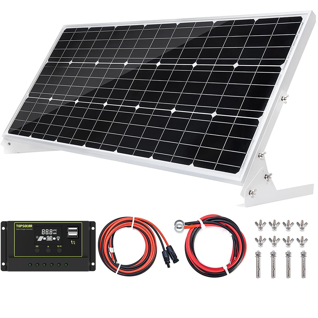 Topsolar 100W 12V Solar Panel Kit Battery Charger 100 Watt 12 Volt Off Grid System for Homes RV Boat + 30A Solar Charge Controller + Solar Cables + Brackets for Mounting