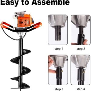 DC House 63CC 3.4HP 2 Stroke Gas Powered Auger Post Hole Digger with 2 Earth Auger Drill Bits 6" & 10" + 3 Extension Rods for Farm Garden Digging/Drilling/Planting (Subcontract delivery)