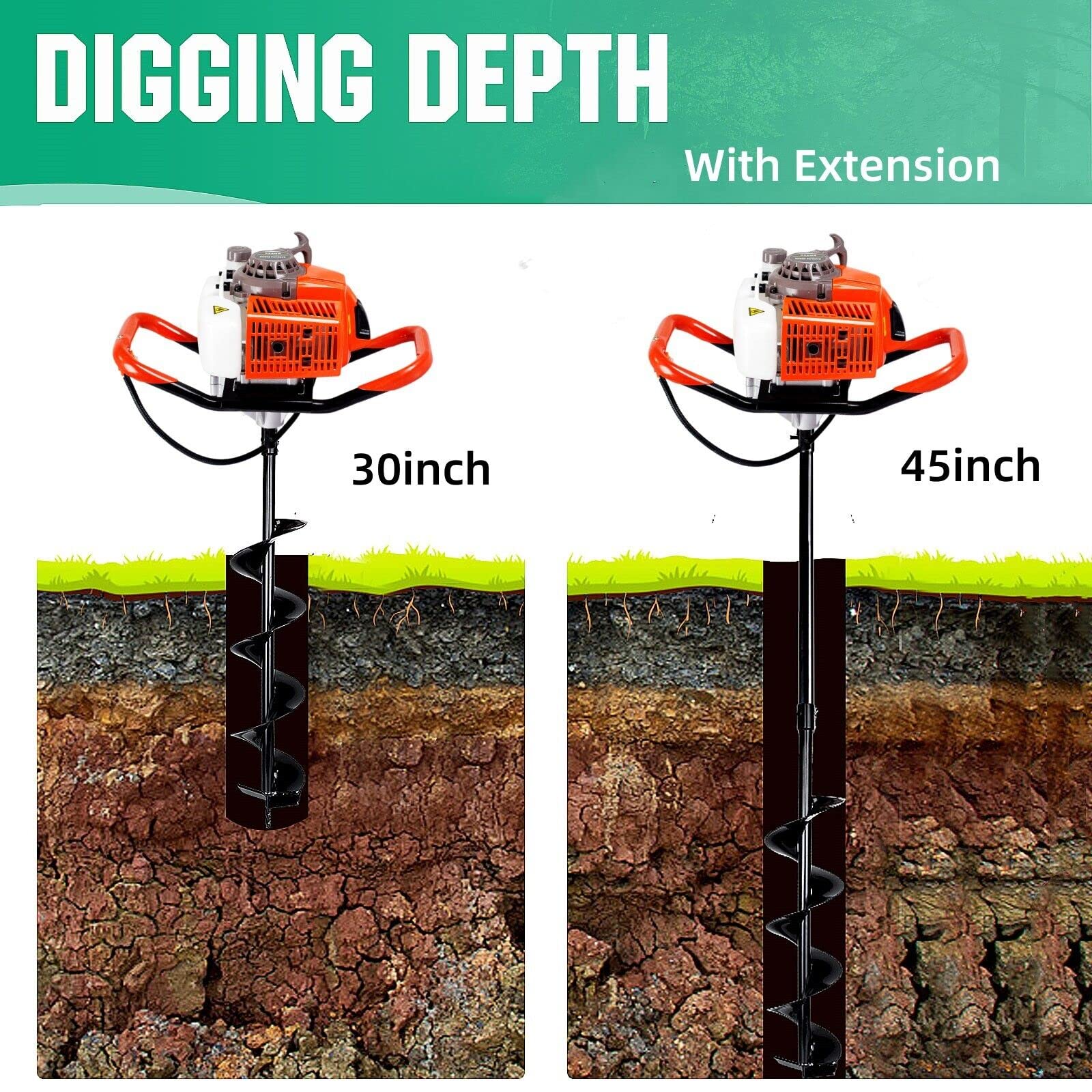 DC House 63CC 3.4HP 2 Stroke Gas Powered Auger Post Hole Digger with 2 Earth Auger Drill Bits 6" & 10" + 3 Extension Rods for Farm Garden Digging/Drilling/Planting (Subcontract delivery)