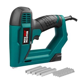 brad nailer, neu master ntc0060 electric nail gun/staple gun for diy project of upholstery, carpentry and woodworking, including staples and nails