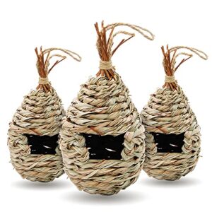 gute hummingbird houses for outside hanging, natural grass hanging bird hut, hand woven hummingbird nest, large wren finch bird house for garden window outdoor home decoration, 3 pack