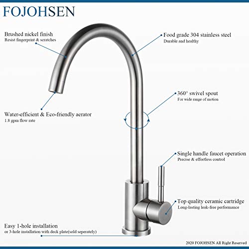 FOJOHSEN Kitchen Faucet Stainless Steel 360 Degree Swivel Single Handle One Hole,Kitchen Sink Faucet (Brushed Nickel)