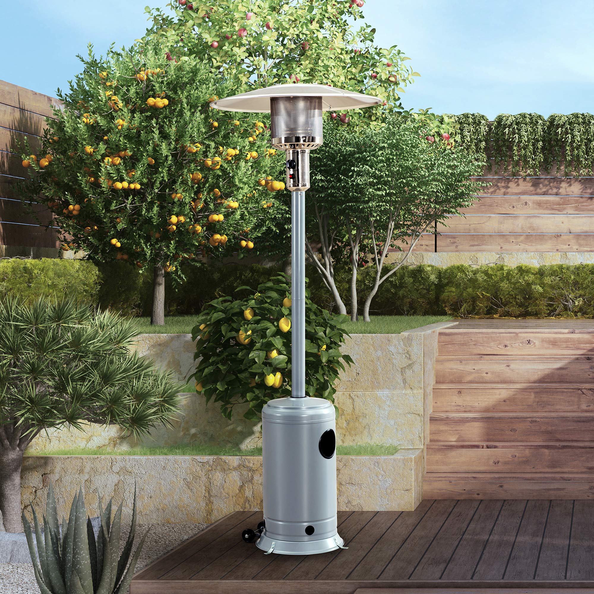 Sunjoy 47,000 BTU Avanti Outdoor Portable Propane Heater for Patio and Garden with Safety Auto Shut Off Valve and Wheels, Silver